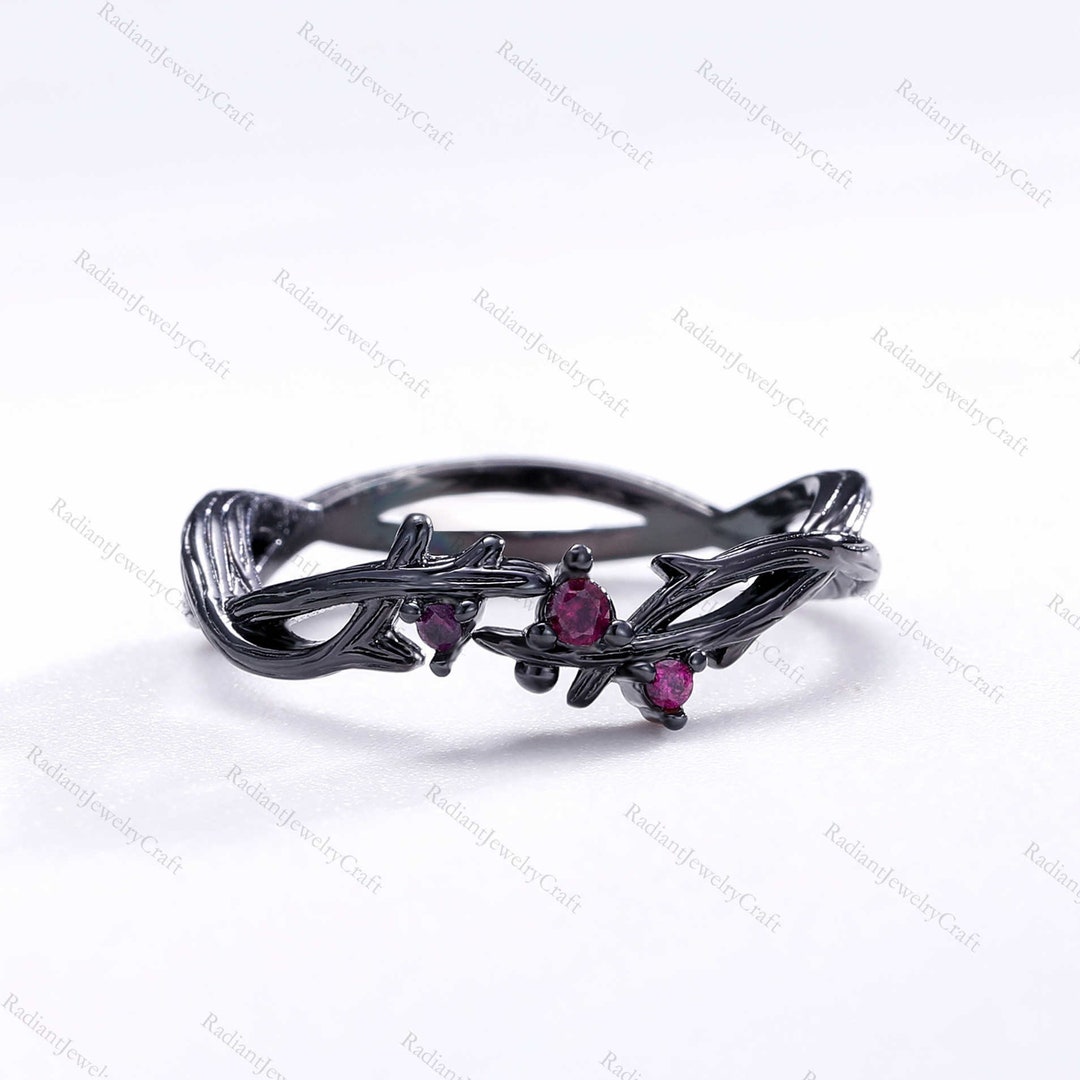 Nature Inspired Leaf Ruby Ring Marquise Black Gold Branch Twig Lab Ruby ...