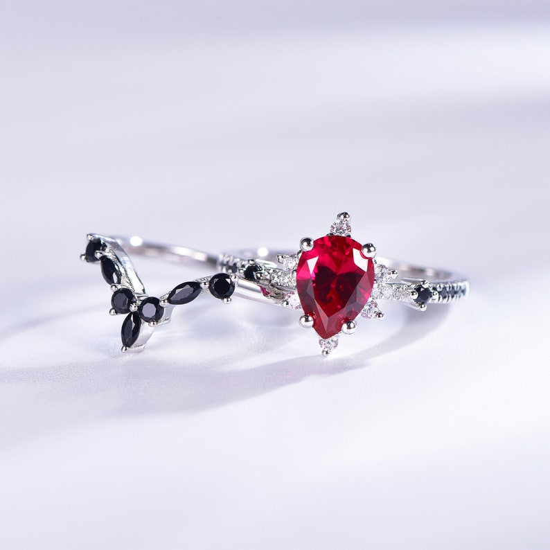Pear Ruby Engagement Ring Set: Sterling Silver Art Deco Bridal Ring - Etsy