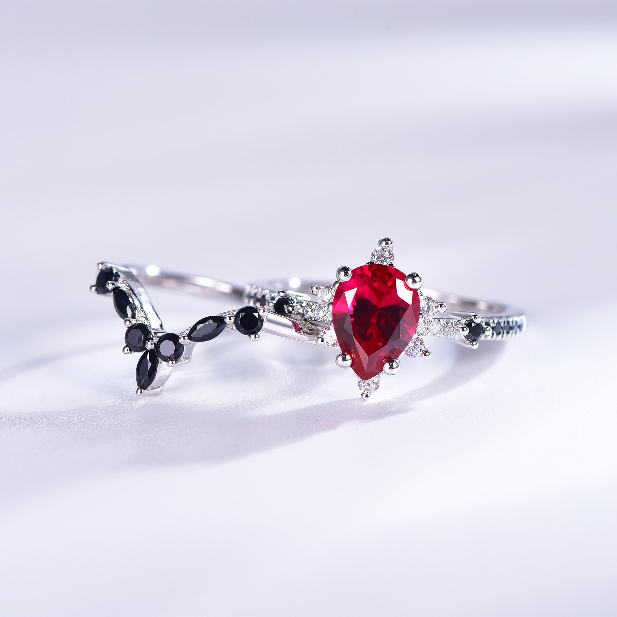 Red Ruby Engagement Ring Set White Gold for Women Sterling Silver Pear ...