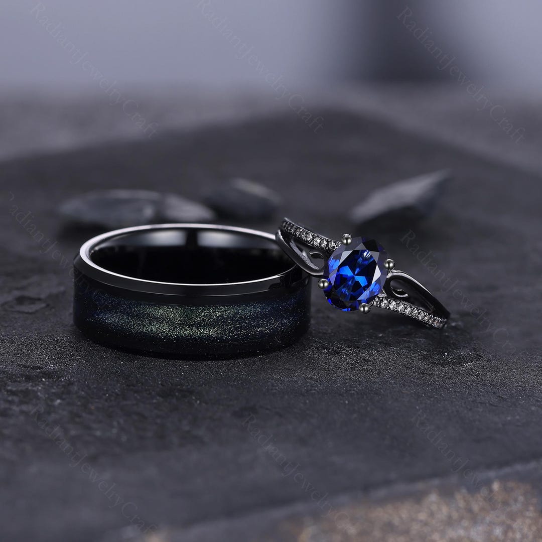 Orion Nebula Wedding Ring Set: Sapphire, Black Gold & Tungsten Carbide ...