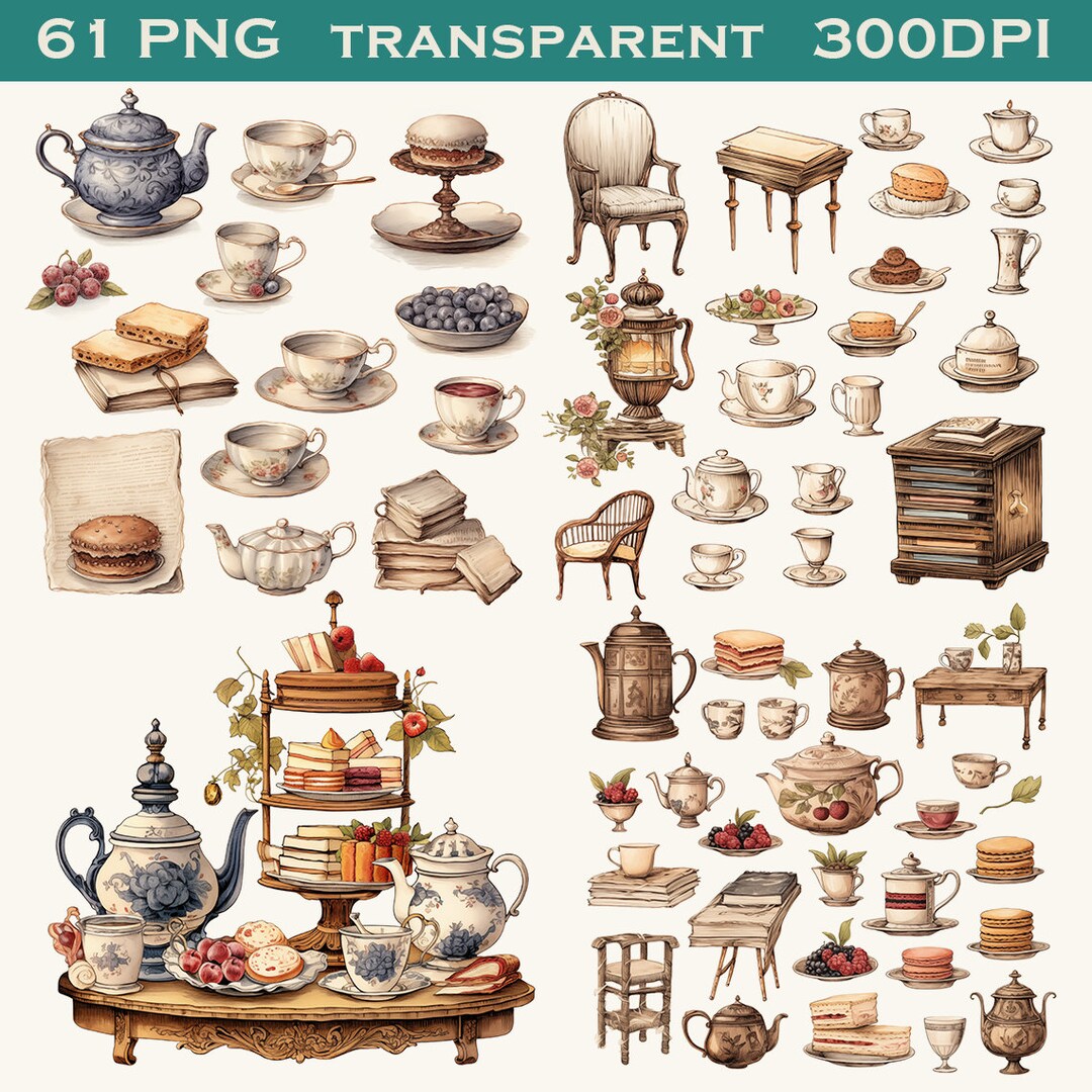 Afternoon Tea Clipart Set Clip Art Set, Vintage Tea Party, Cakes ...