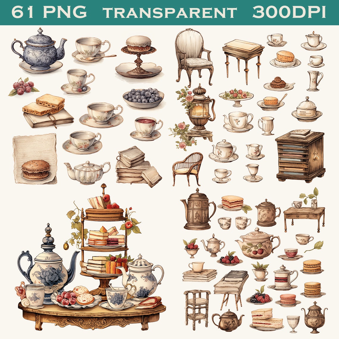 Afternoon Tea Clipart Set - Clip Art Set, Vintage Tea Party, Cakes ...