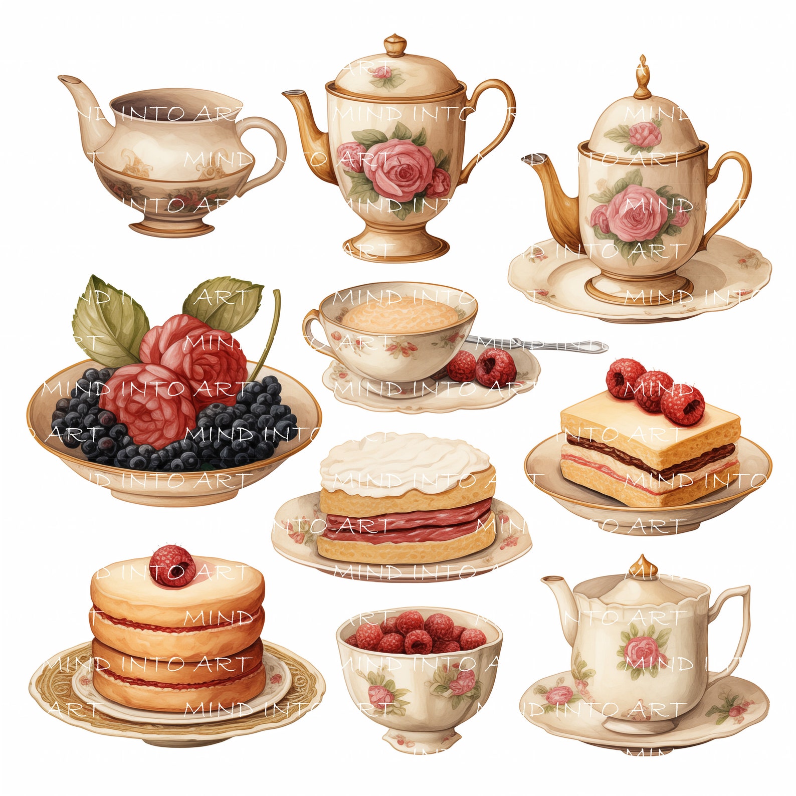 Afternoon Tea Clipart Set - Clip Art Set, Vintage Tea Party, Cakes ...