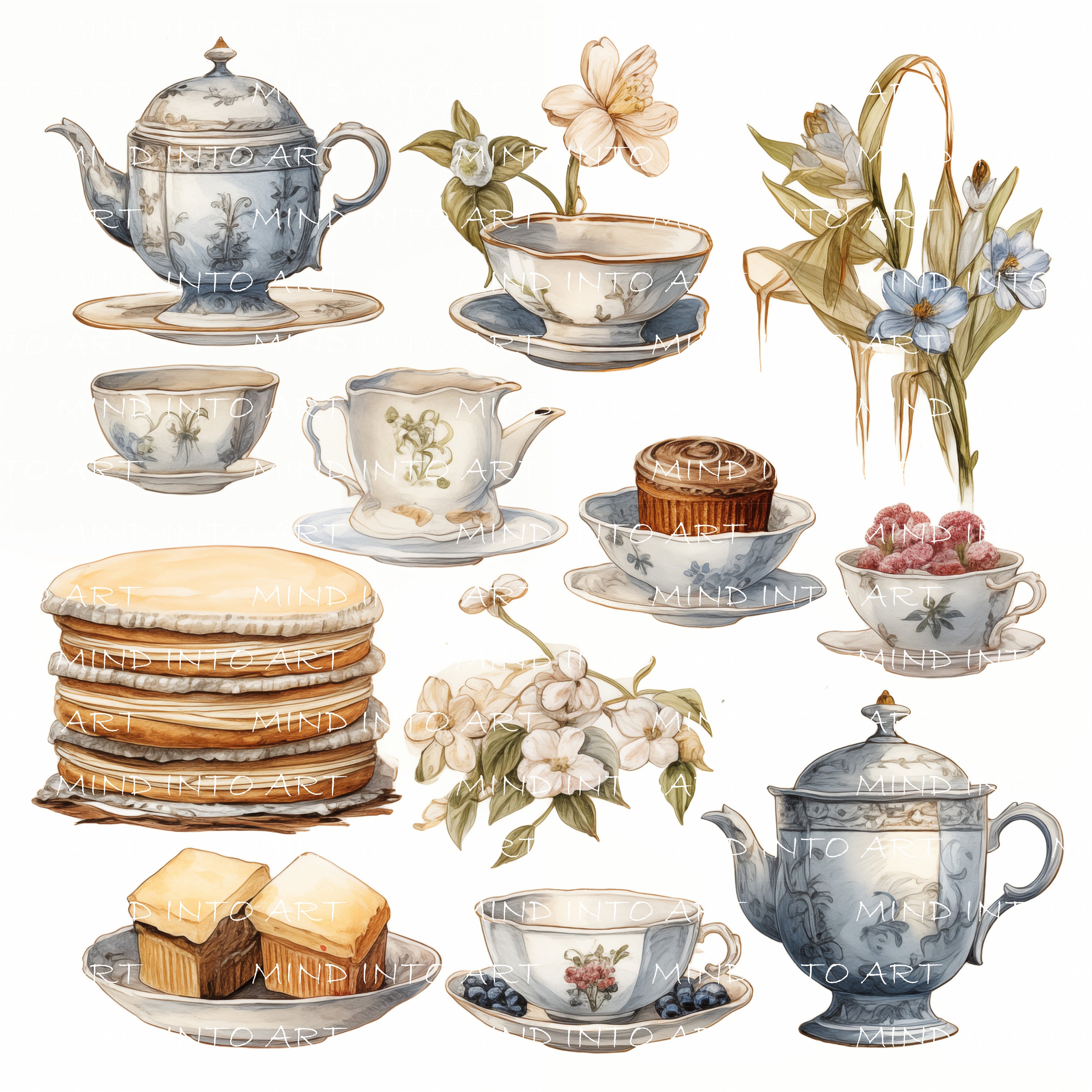 Afternoon Tea Clipart Set - Clip Art Set, Vintage Tea Party, Cakes ...