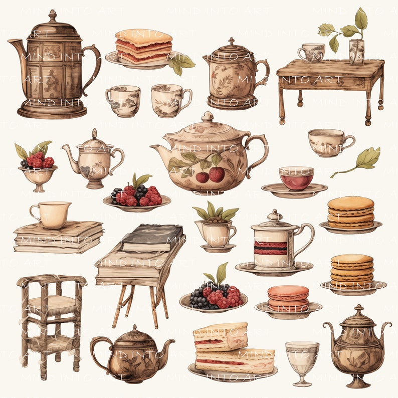 Afternoon Tea Clipart Set Clip Art Set, Vintage Tea Party, Cakes ...