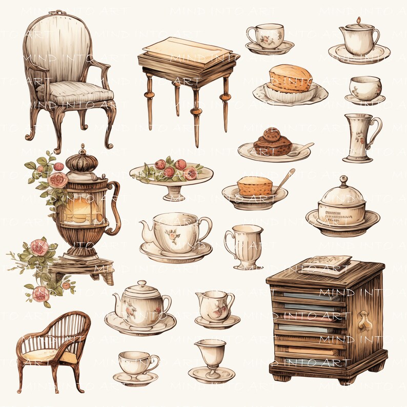 Afternoon Tea Clipart Set Clip Art Set, Vintage Tea Party, Cakes ...