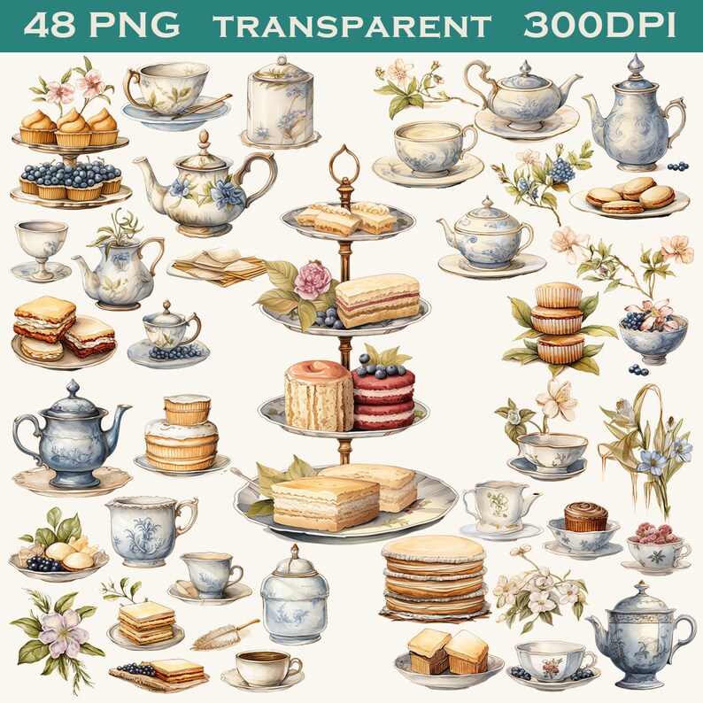 Afternoon Tea Clipart Set - Clip Art Set, Vintage Tea Party, Cakes ...