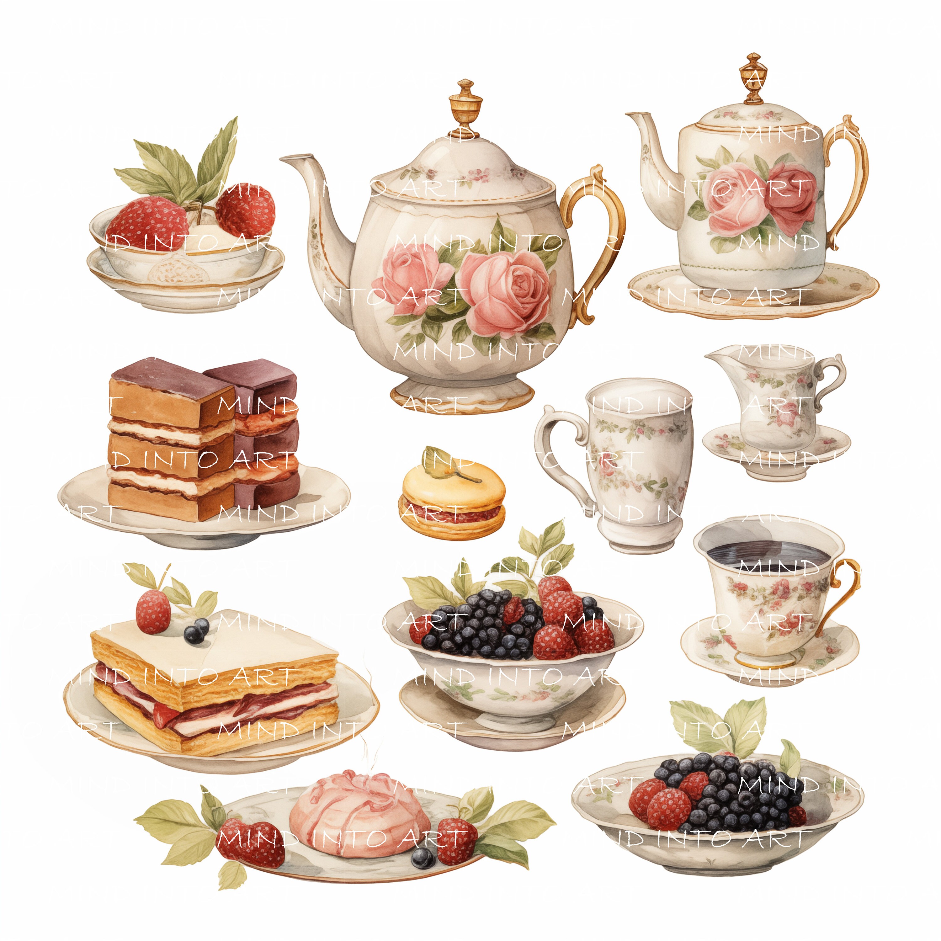 Afternoon Tea Clipart Set - Clip Art Set, Vintage Tea Party, Cakes ...