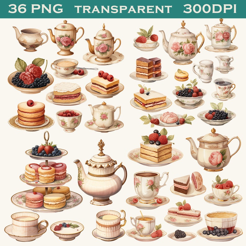 Afternoon Tea Clipart Set Clip Art Set, Vintage Tea Party, Cakes ...