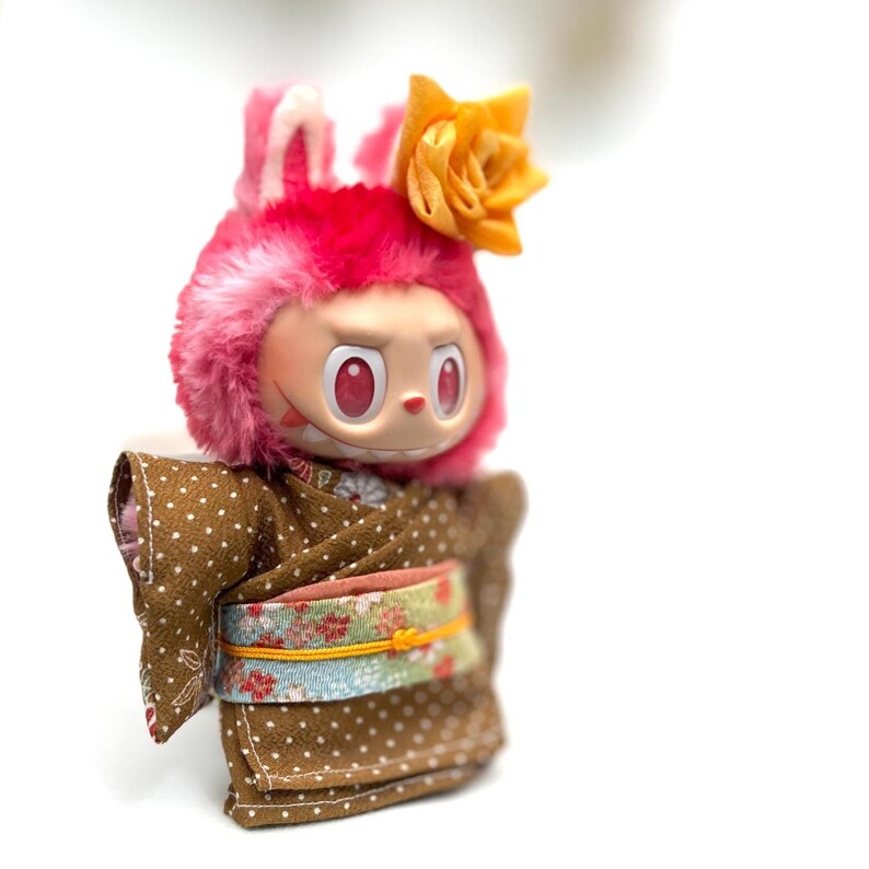 Handmade Kimono Outfit for Labubu Doll: Brown Polka Dot With Floral Obi ...