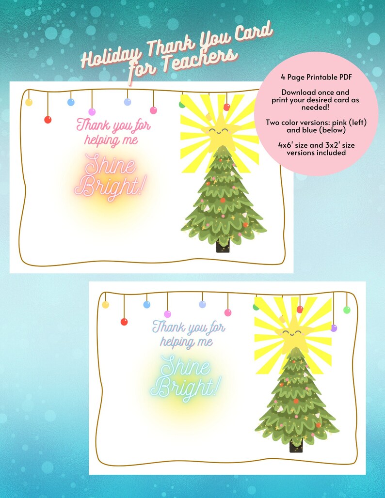 Printable Holiday Card for Teacher, Christmas Thank You Card for ...