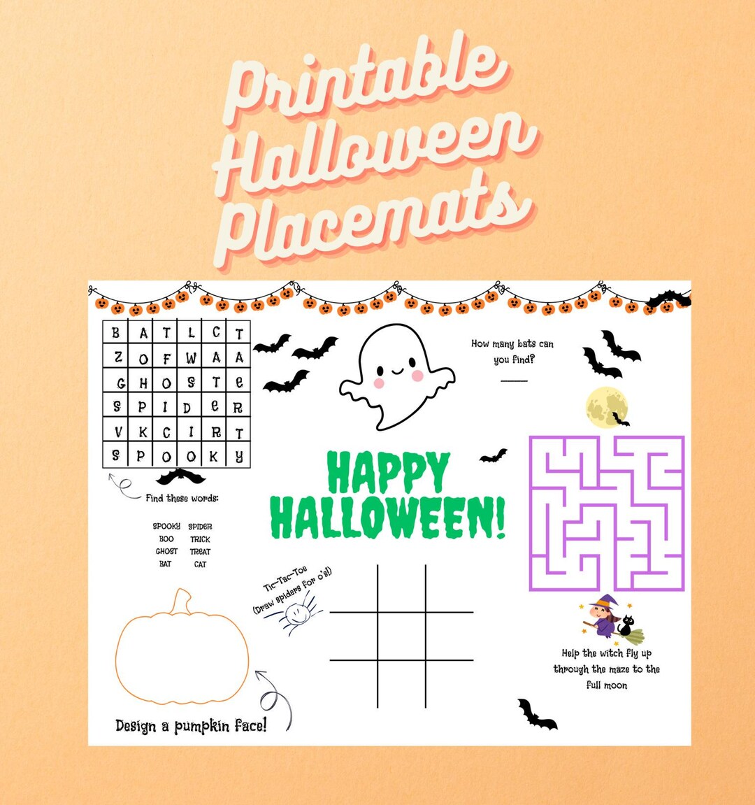 Printable Halloween Activity Placemat for Kids, Halloween Party ...