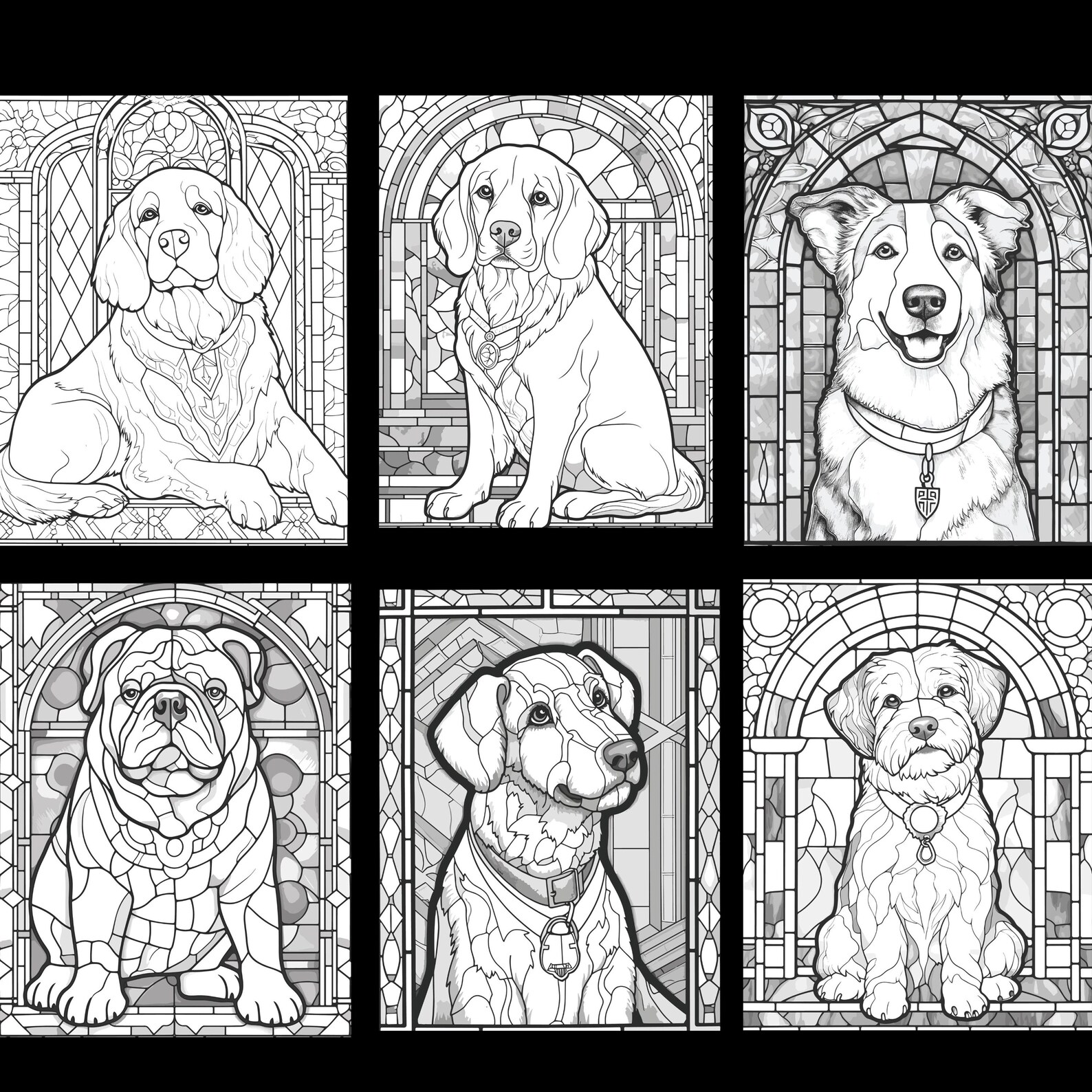 100+ Stained Glass Dog Coloring Pages, Printable Book (digital Download ...