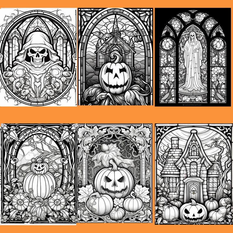 200 Halloween Stained Glass Coloring Pages, Spooky Designs (digital ...