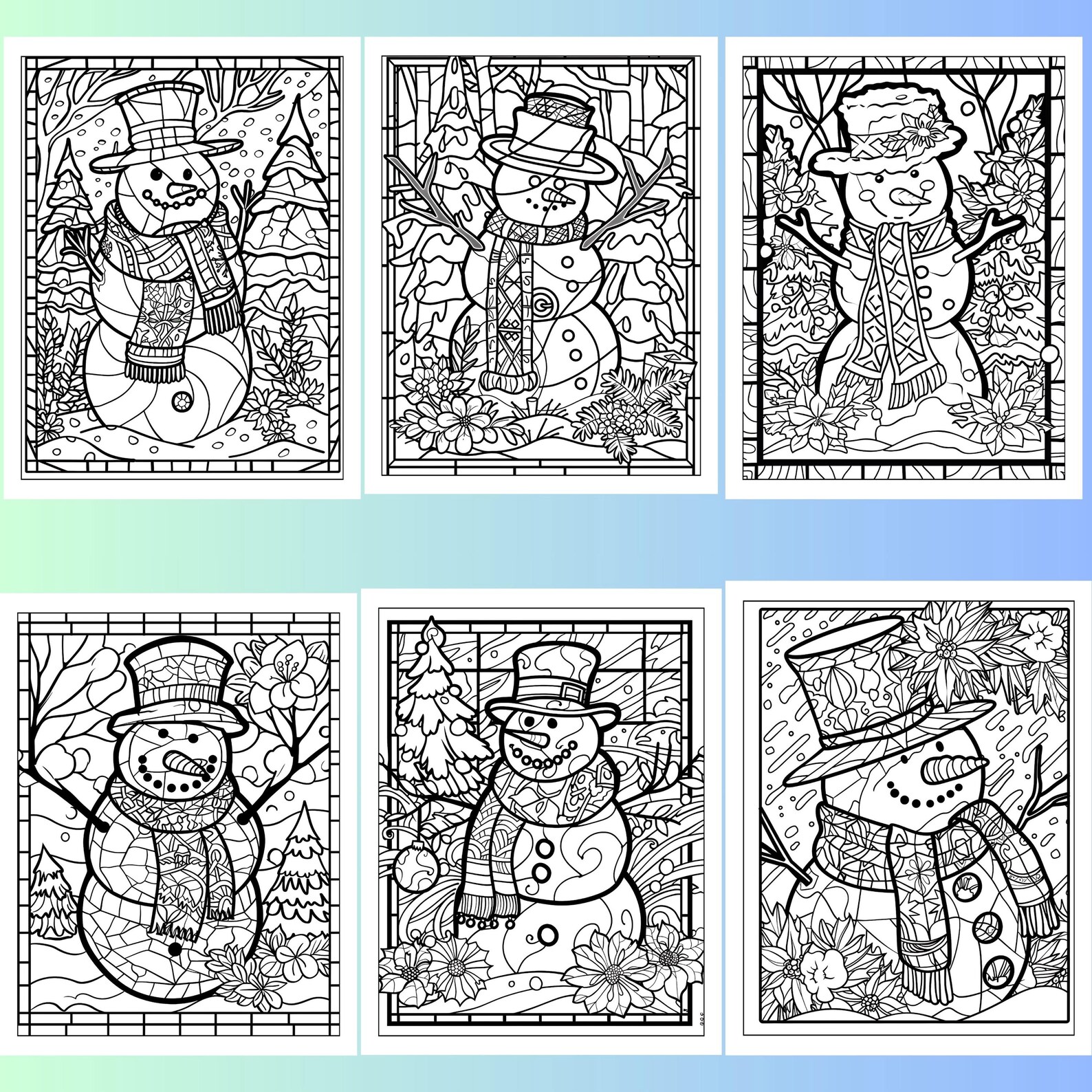 175+ Stained Glass Snowmen Coloring Pages, Winter Holiday (digital ...