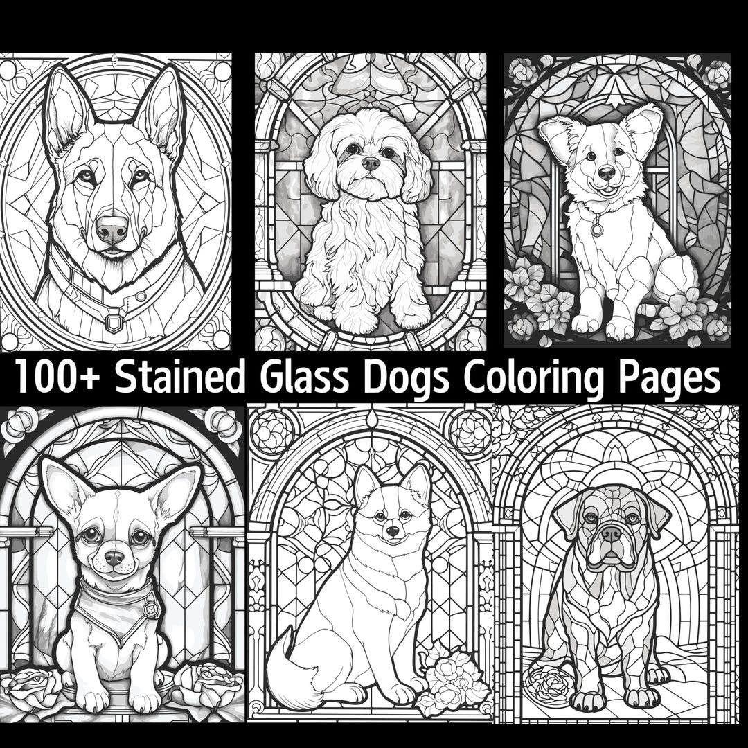 100+ Stained Glass Dog Coloring Pages, Book, Printable, Download, Adult ...