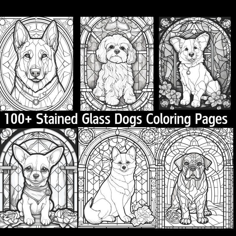 100+ Stained Glass Dog Coloring Pages, Book, Printable, Download, Adult ...