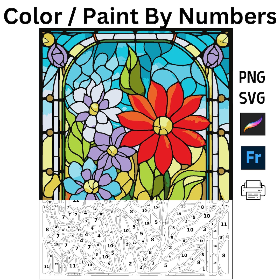 Color by Number, Stained Glass, Flowers, Printable, Digital Painting ...