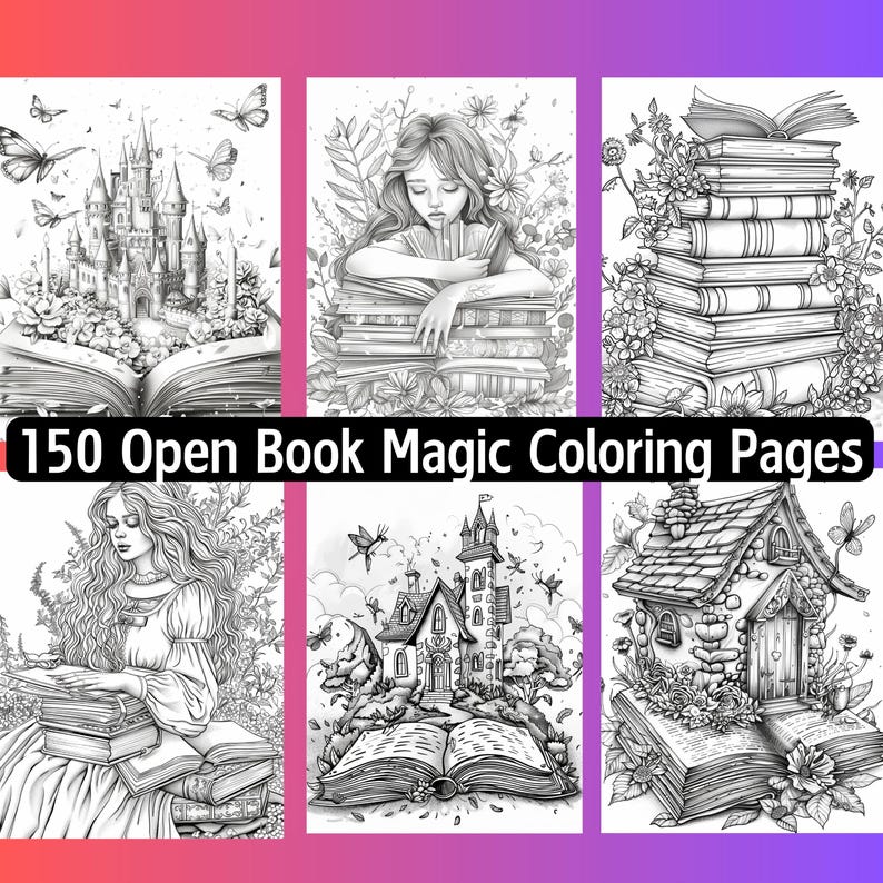 150 Open Book Magic Coloring Pages, Printable, Instant Download, Adult ...