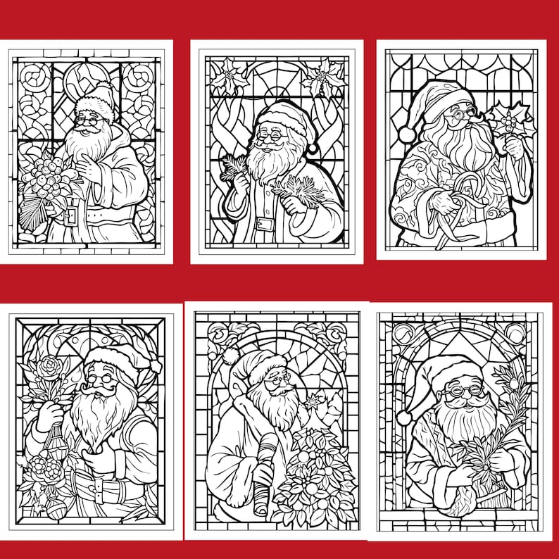 100 Stained Glass Santa Coloring Pages, Book, Printable, Instant ...