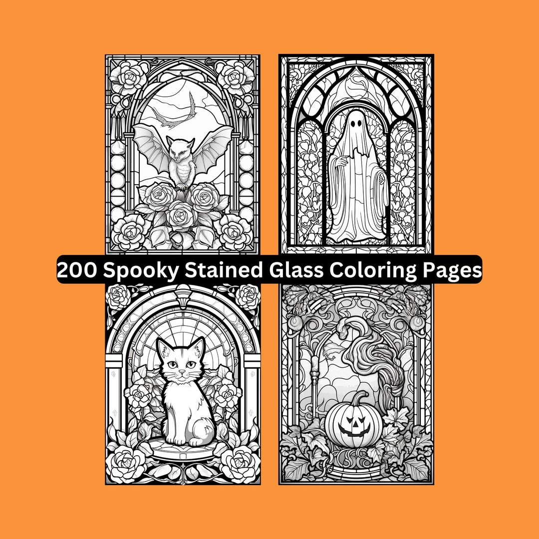 200 Halloween Stained Glass Coloring Pages, Spooky Designs (digital ...