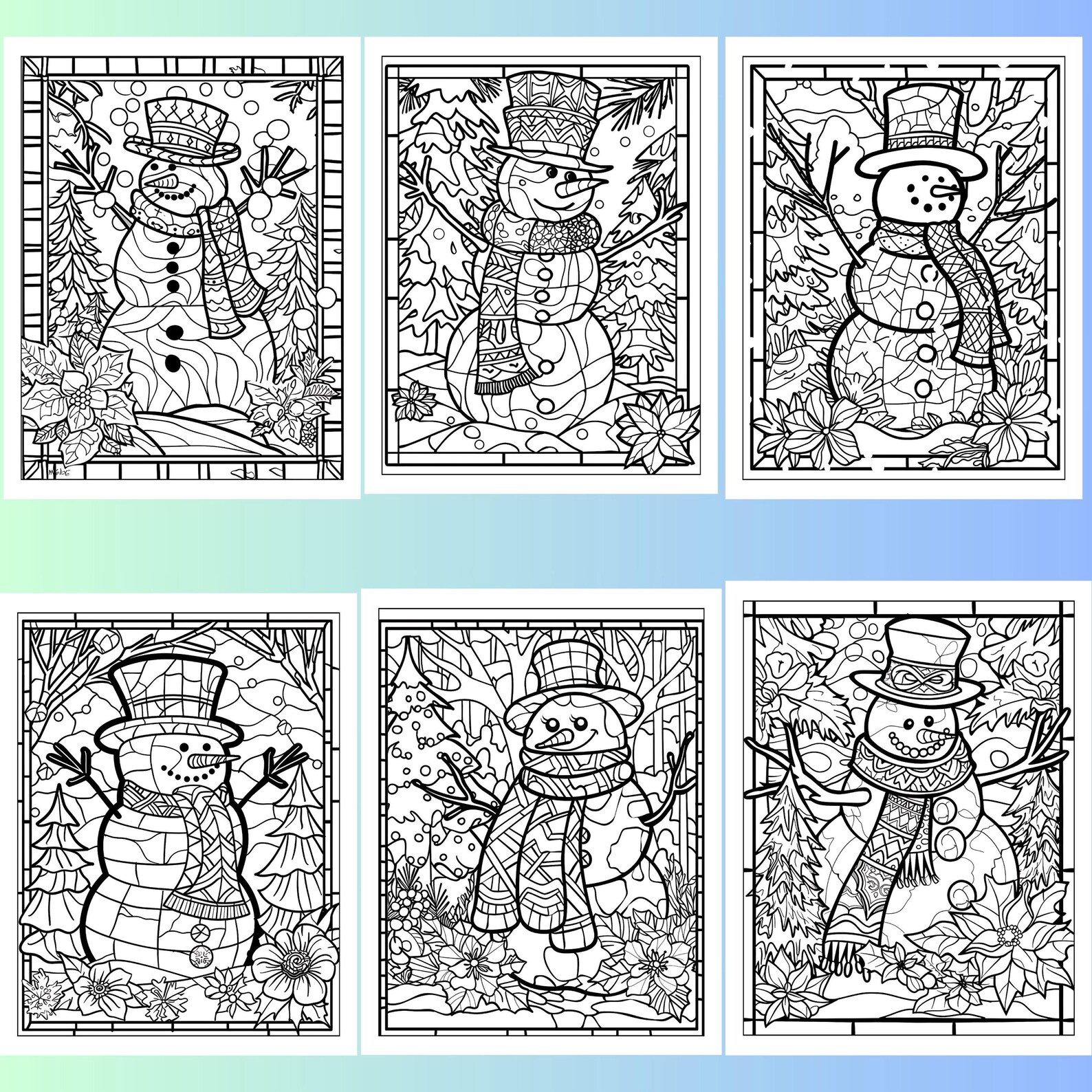 175+ Stained Glass Snowmen Coloring Pages, Winter Holiday (digital ...