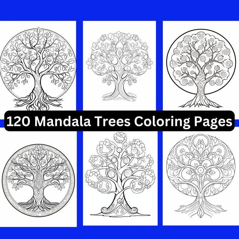 120 Mandala Trees Coloring Pages Book, Printable, Instant Download ...