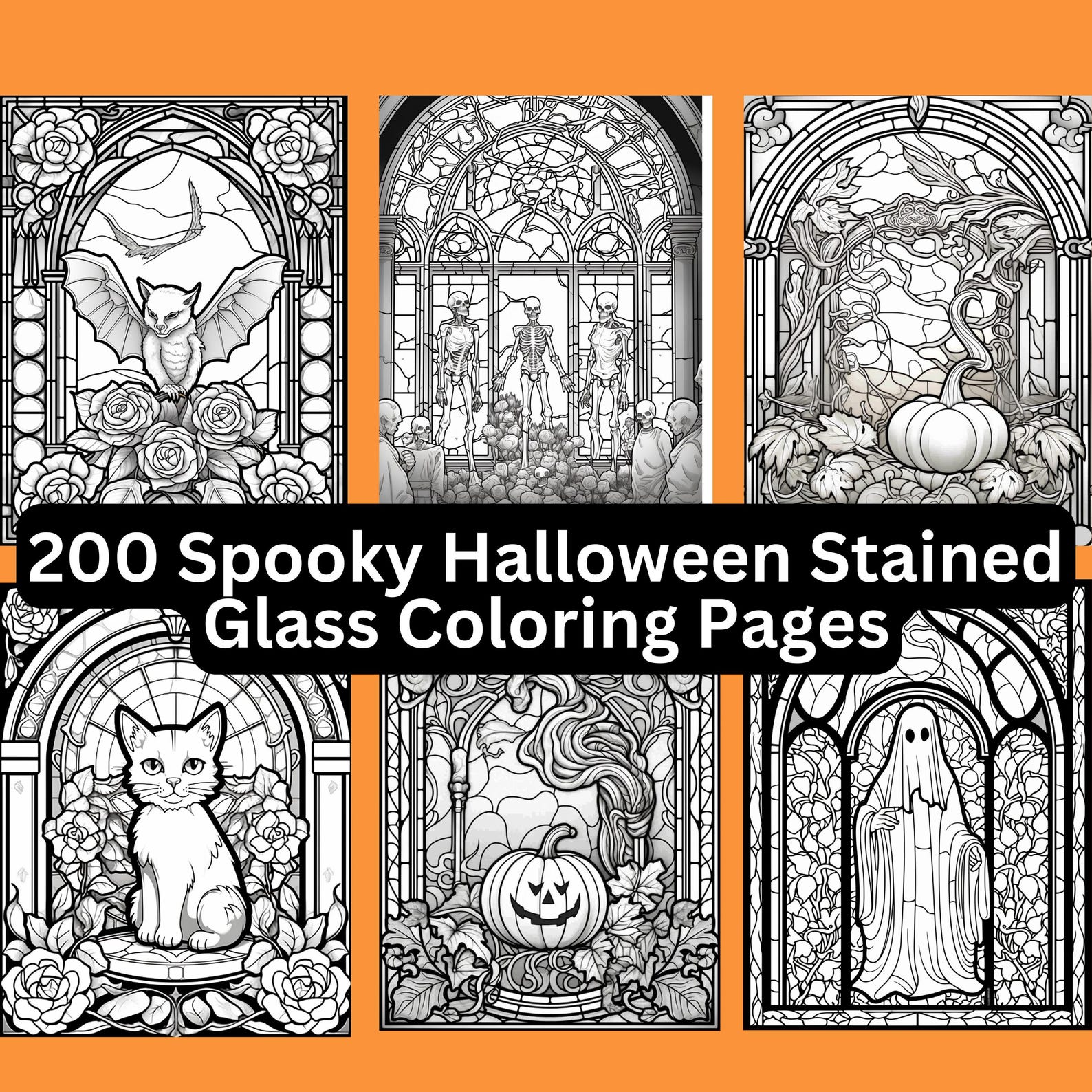 200 Halloween Stained Glass Coloring Pages, Spooky Designs (digital ...