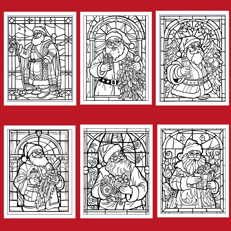 100 Stained Glass Santa Coloring Pages, Book, Printable, Instant ...