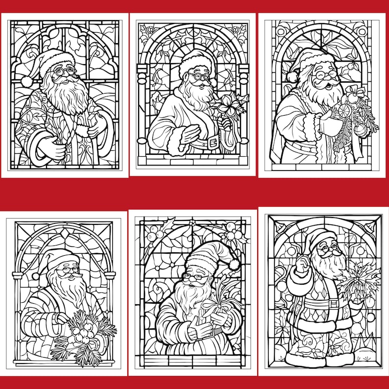 100 Stained Glass Santa Coloring Pages, Book, Printable, Instant ...