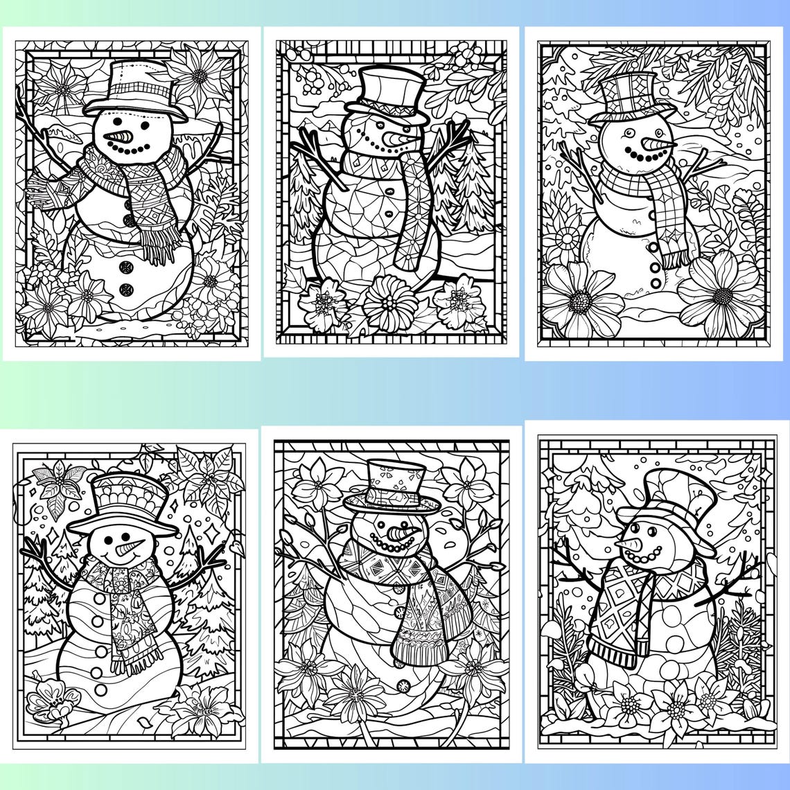 175+ Stained Glass Snowmen Coloring Pages, Winter Holiday (digital ...