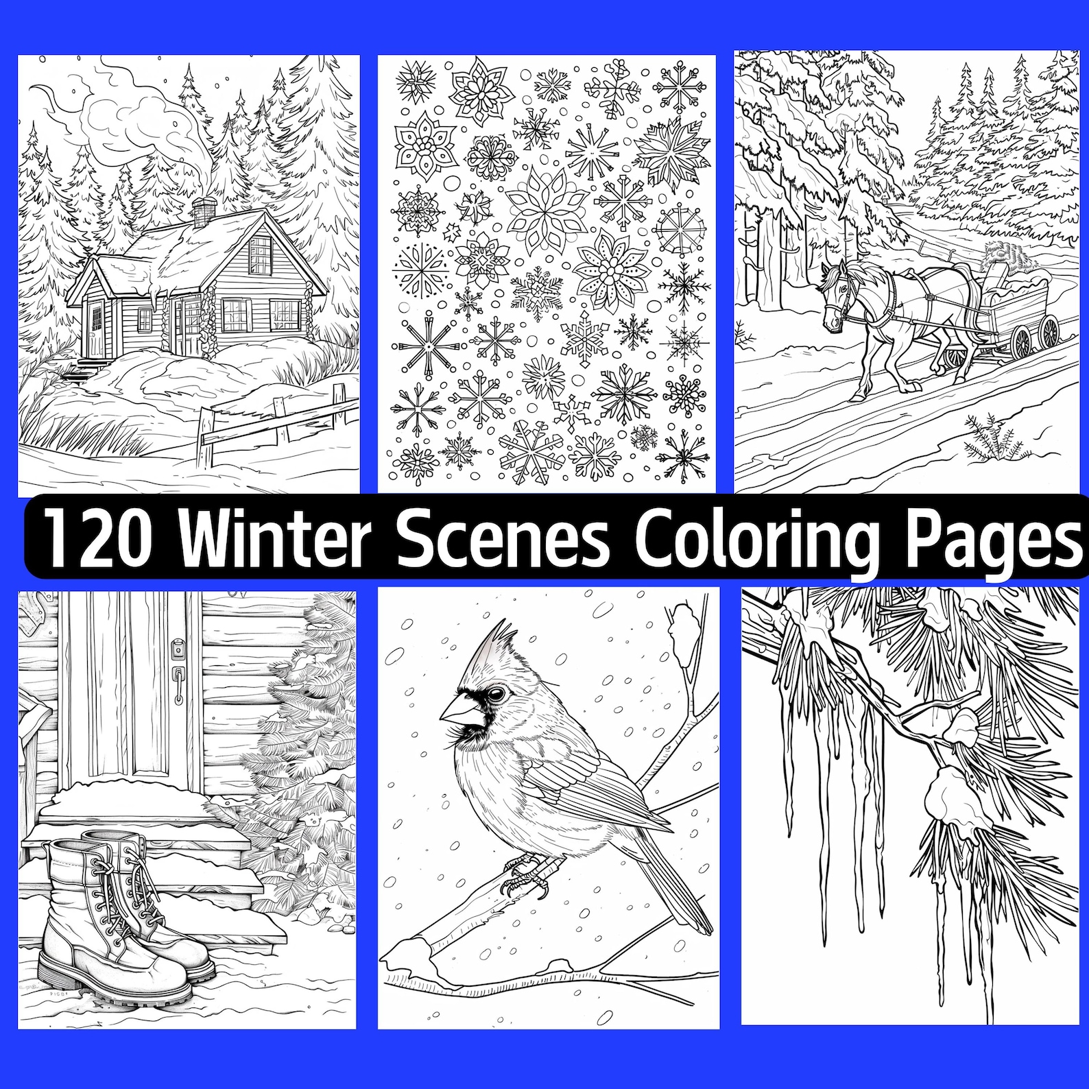 120 Winter Scenes Coloring Pages Book, Printable, Instant Download ...