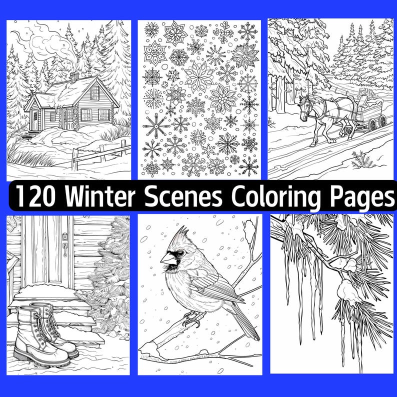 120 Winter Scenes Coloring Pages Book, Printable, Instant Download ...