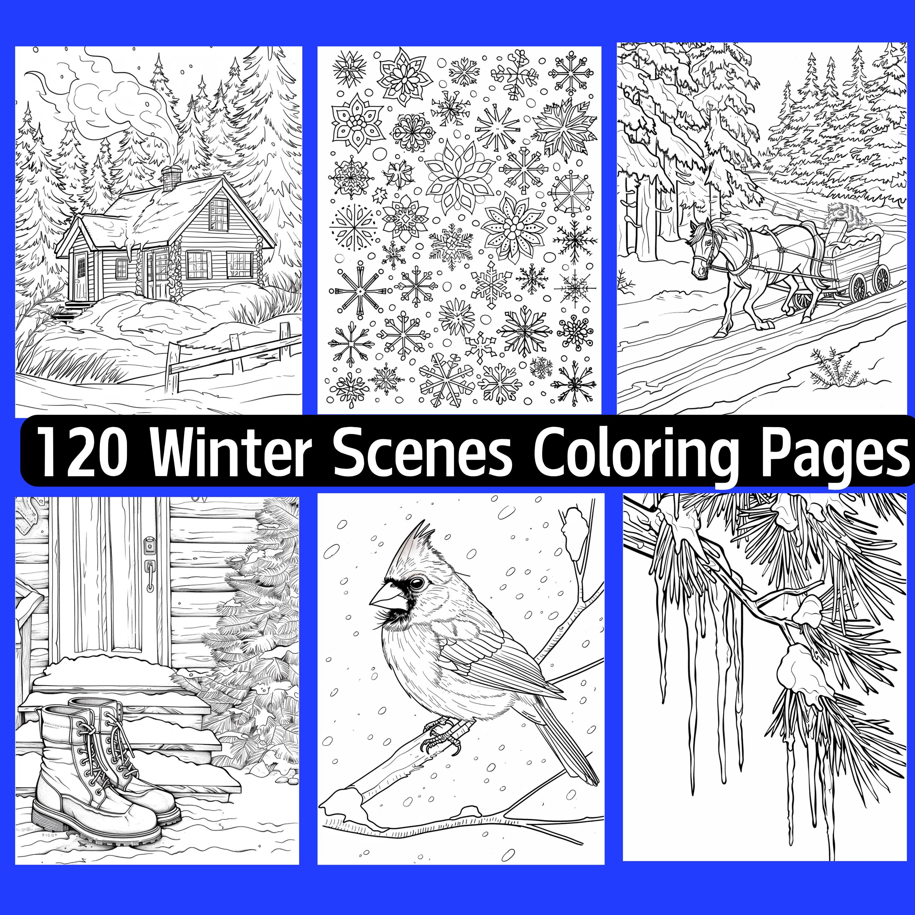 120 Winter Scenes Coloring Pages Book, Printable, Instant Download ...