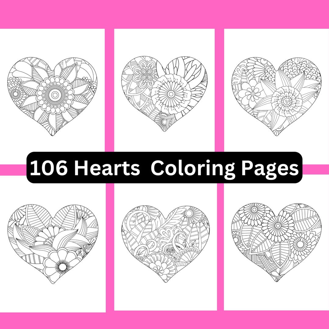 106 Hearts Coloring Pages, Book, Mandala, Geometric, Pattern, Printable, Instant Download ...
