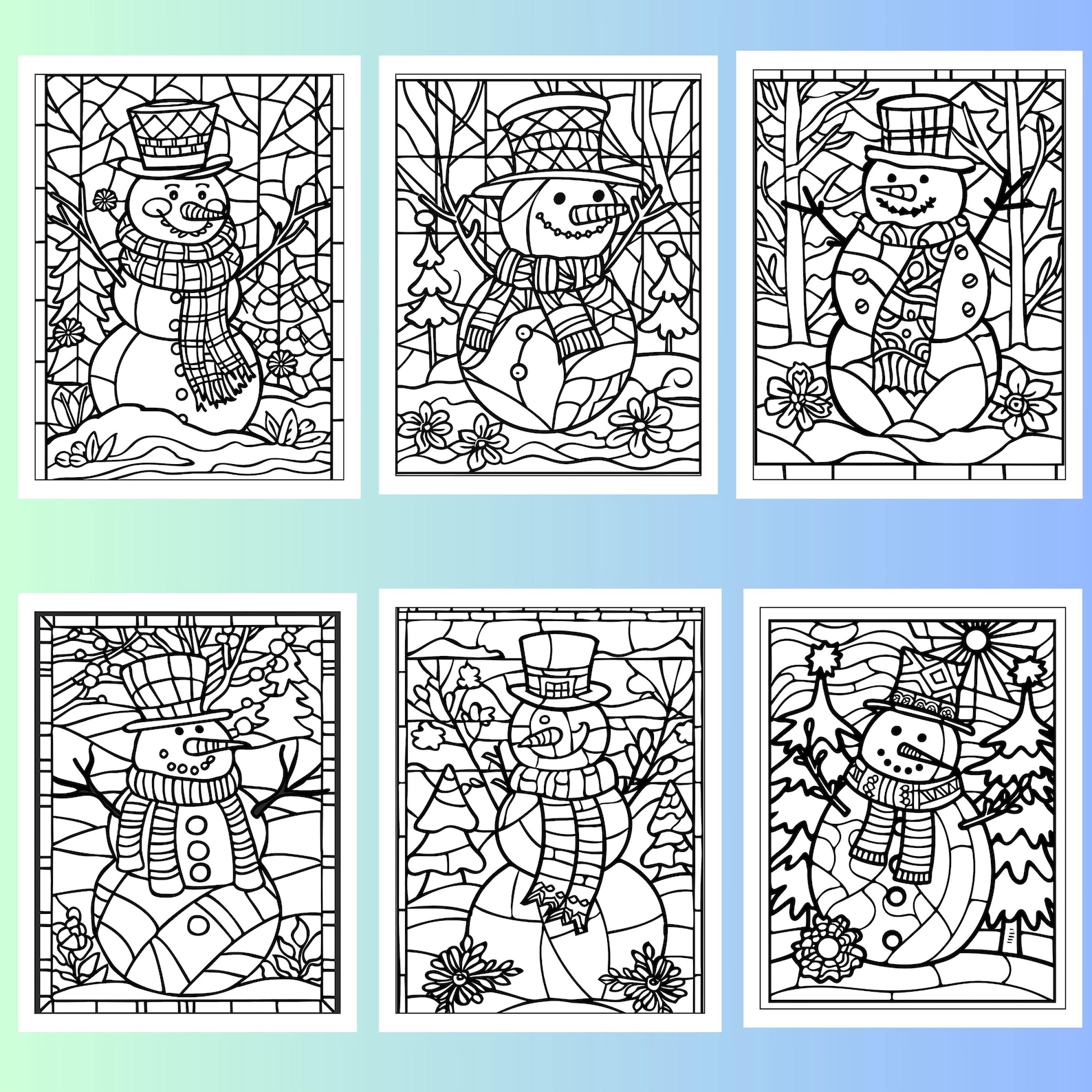 175+ Stained Glass Snowmen Coloring Pages, Winter Holiday (digital ...