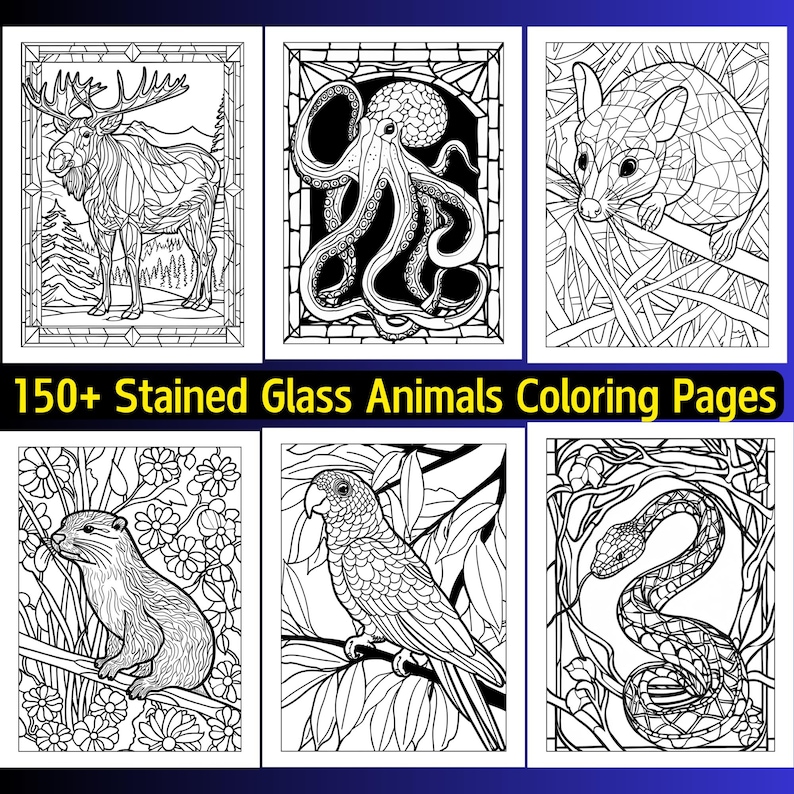 150 Stained Glass Animals Coloring Pages, Mosaic Style (digital ...
