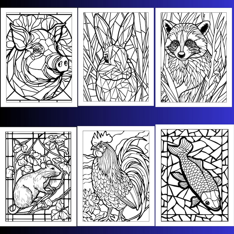150 Stained Glass Animals Coloring Pages, Mosaic Style (digital ...