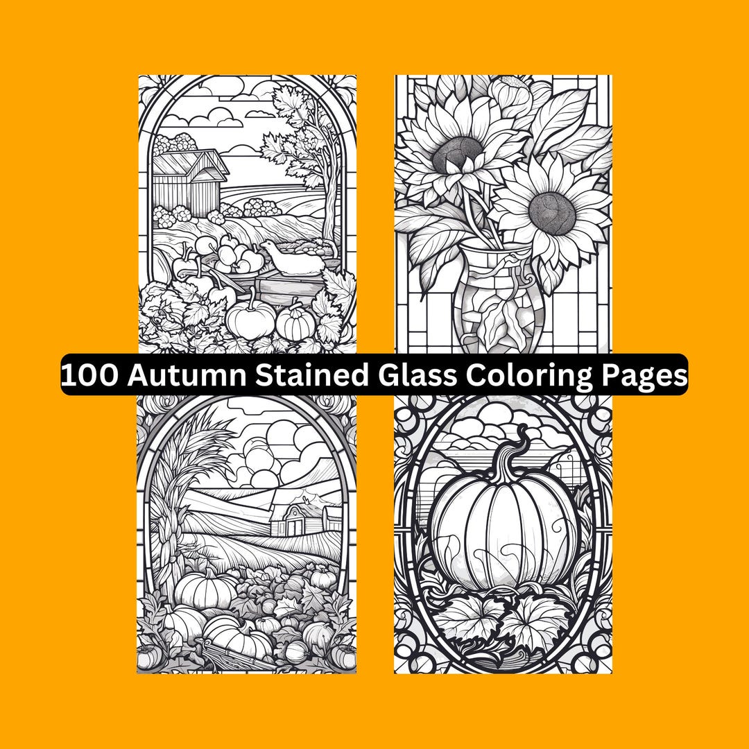 100 Autumn Stained Glass Coloring Pages, Fall Designs (digital Download ...
