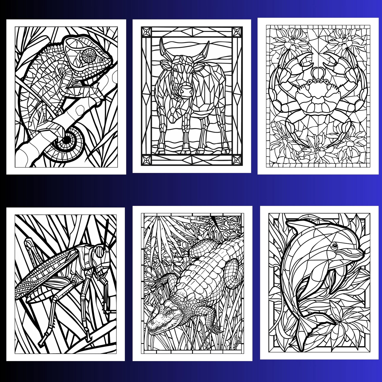 150 Stained Glass Animals Coloring Pages, Mosaic Style (digital ...
