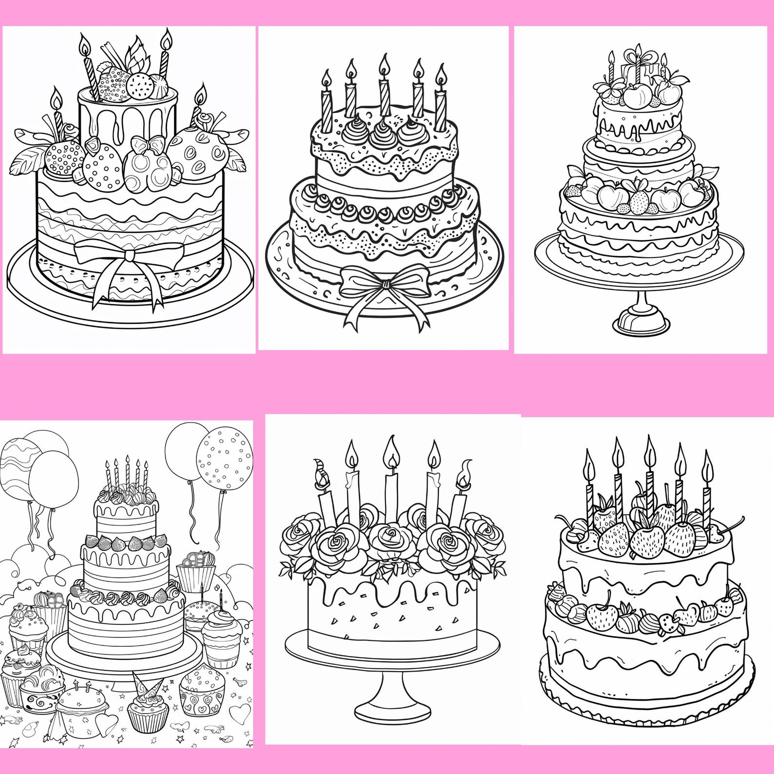 200 Decorated Cakes Coloring Pages Book, Kids & Adults (digital ...