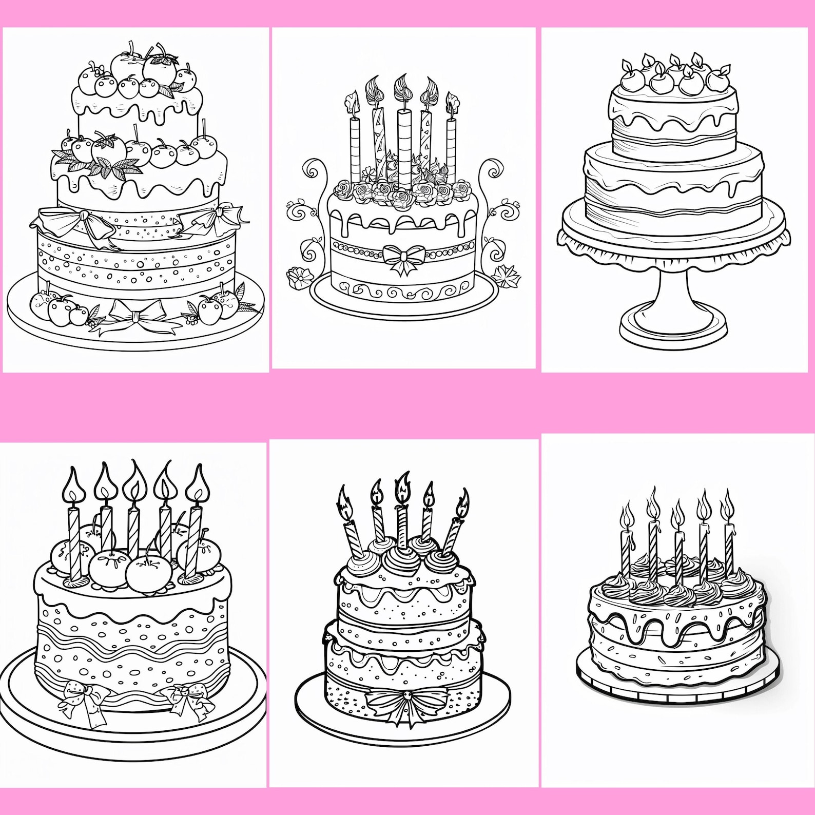 200 Decorated Cakes Coloring Pages Book, Kids & Adults (digital ...