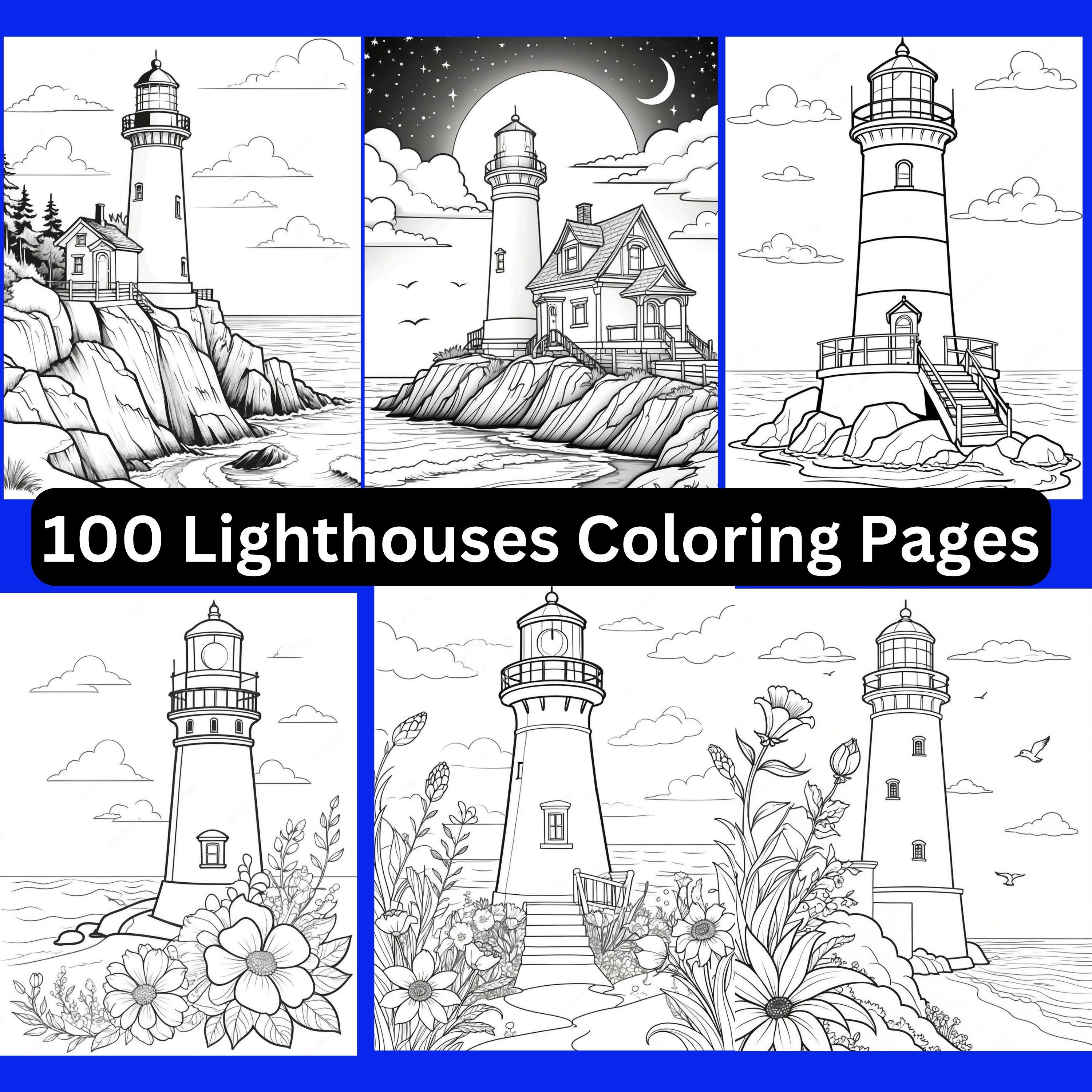 100 Lighthouses Coloring Pages Book, Printable, Instant Download ...
