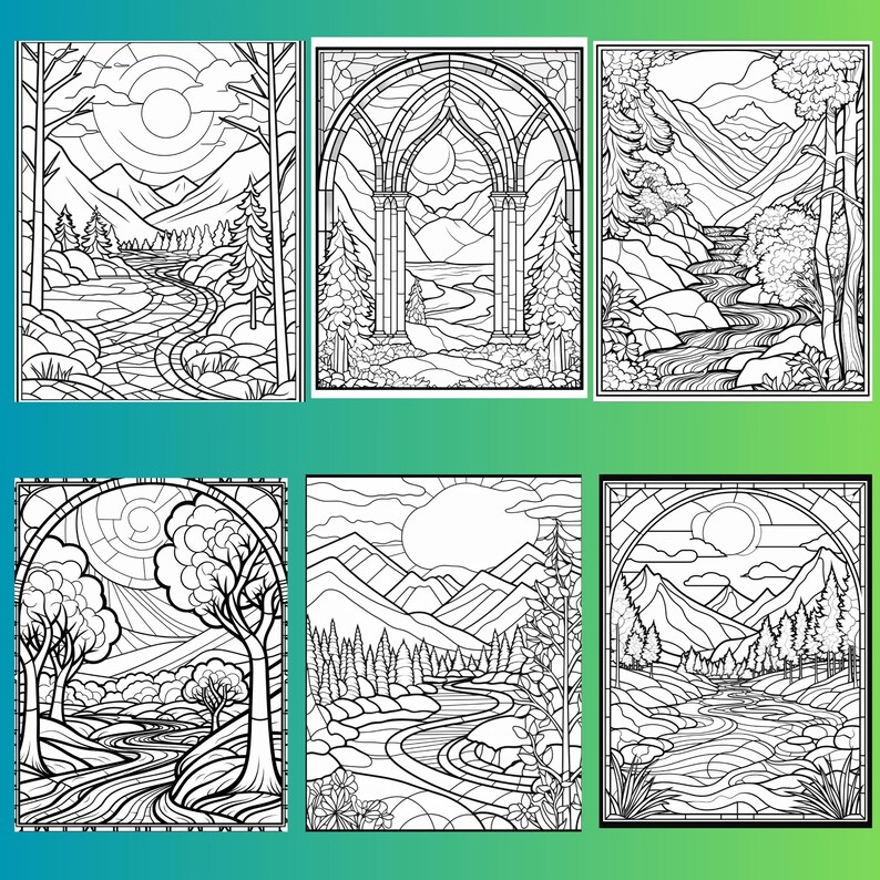200 Stained Glass Landscapes Coloring Pages, Printable, Book, Instant ...