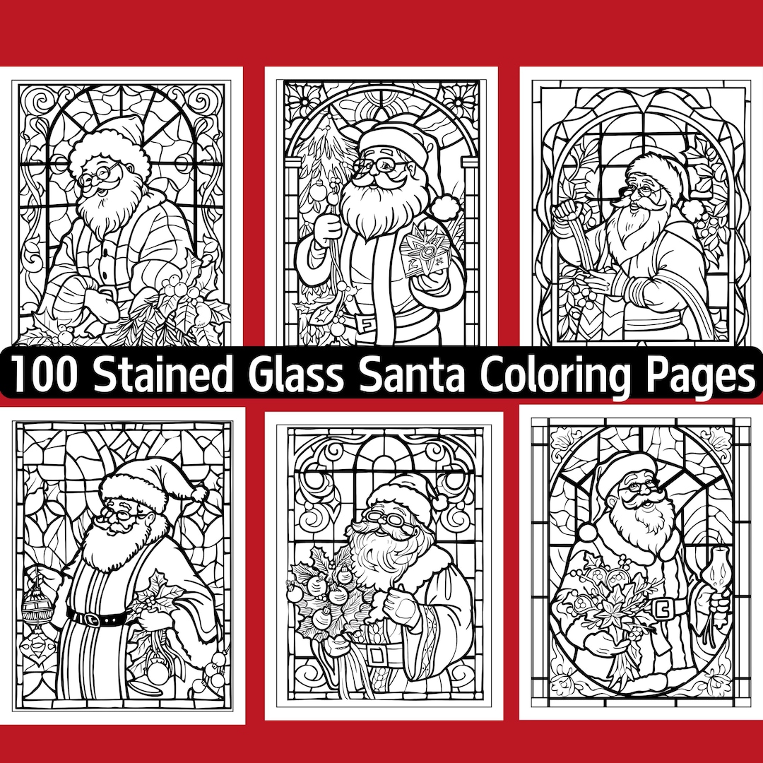 100 Stained Glass Santa Coloring Pages, Book, Printable, Instant ...