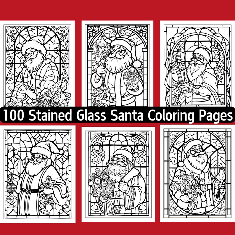 100 Stained Glass Santa Coloring Pages, Christmas Ornaments (digital ...