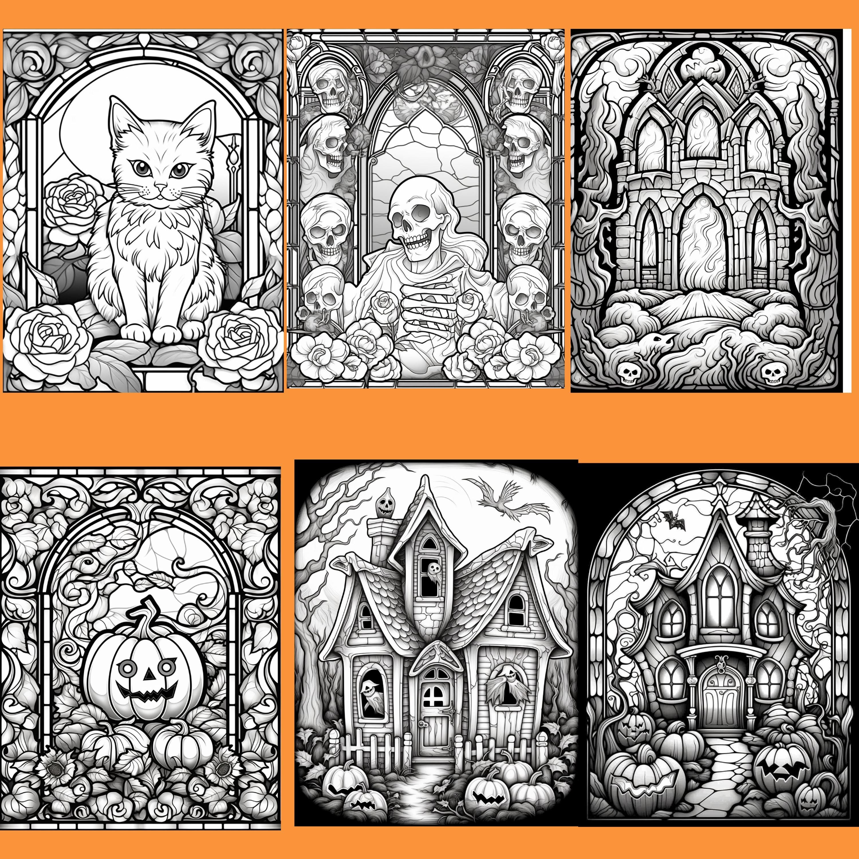 200 Halloween Stained Glass Coloring Pages, Spooky Designs (digital ...