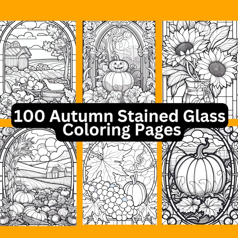 100 Autumn Stained Glass Coloring Pages, Fall Designs (digital Download ...
