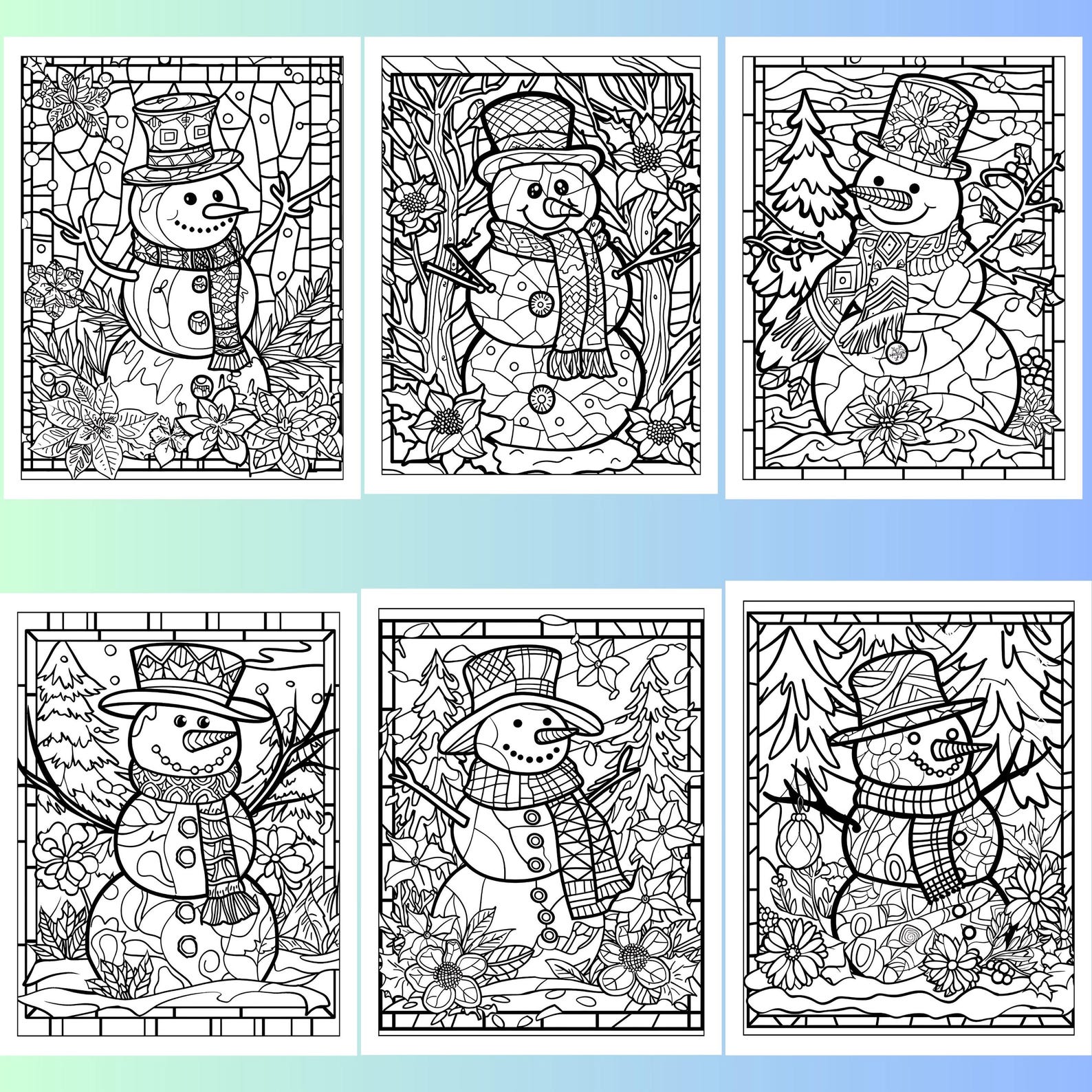175+ Stained Glass Snowmen Coloring Pages, Winter Holiday (digital ...