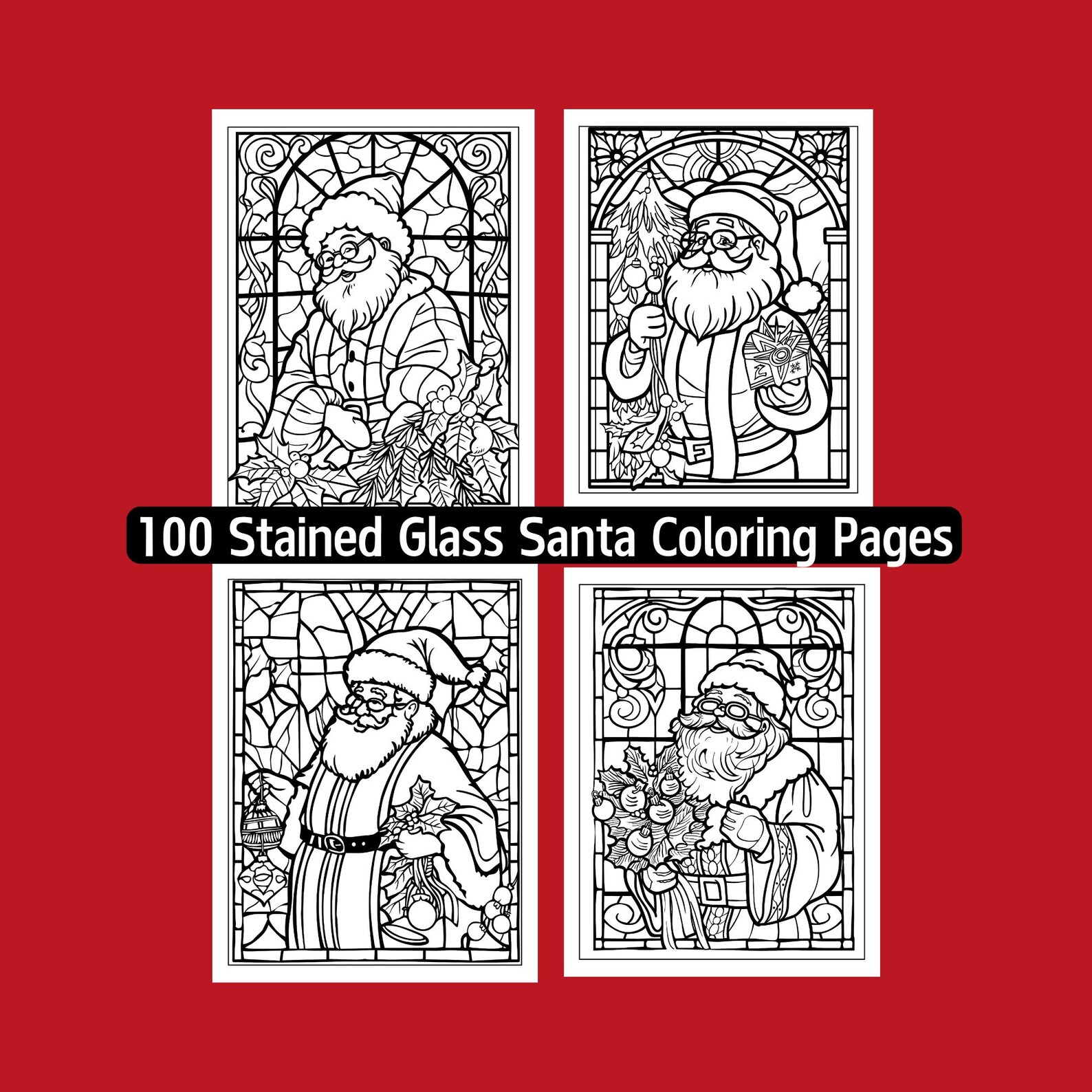 100 Stained Glass Santa Coloring Pages, Christmas Ornaments (digital ...